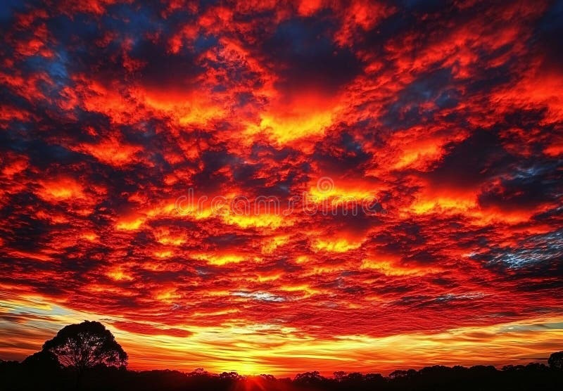 Fiery Sunset Sky with Dramatic Clouds Stock Illustration - Illustration of glowing, nature ...