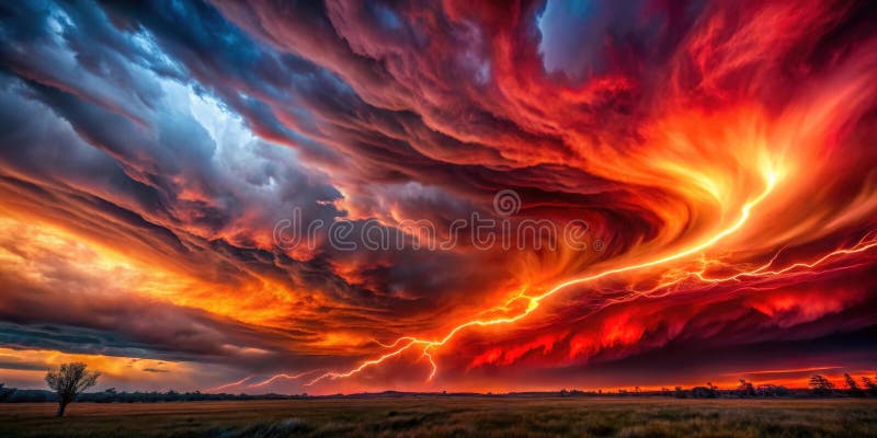 Fiery Sunset Sky with a Dramatic Lightning Bolt Across a Rolling ...
