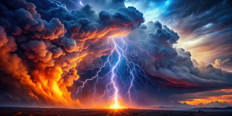 Fiery Sunset Sky with Dramatic Lightning Strike and Intense Cloud ...