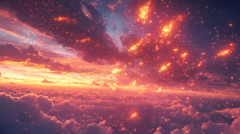 Fiery Sunset Sky with Glowing Particles Stock Illustration ...