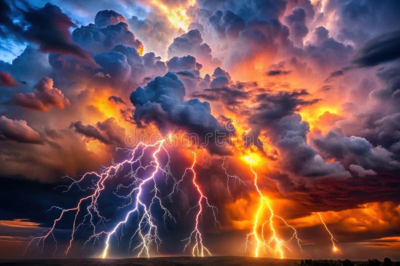 Fiery Sunset Sky Illuminated by Multiple Lightning Strikes during a ...
