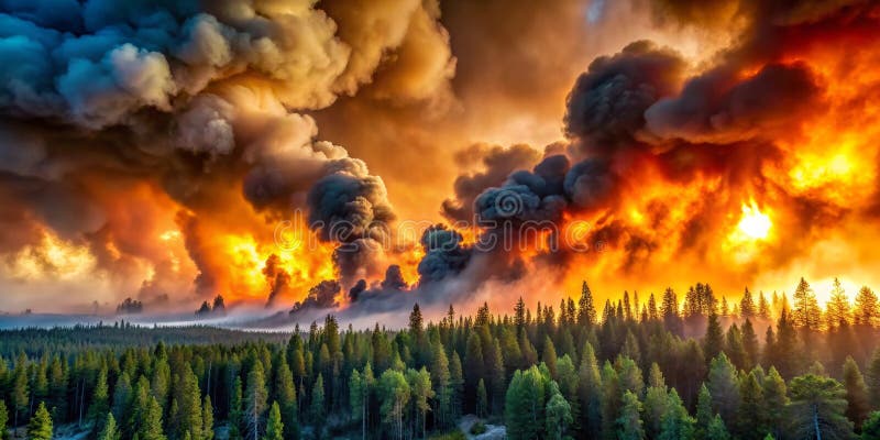 A Fiery Sunset Sky Over a Coniferous Forest, Showing the Immense Scale ...