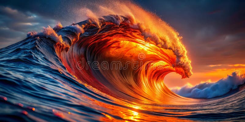 Fiery Sunset Wave Crashing with Dramatic Ocean Spray and Golden Light Reflection. Generative AI ...