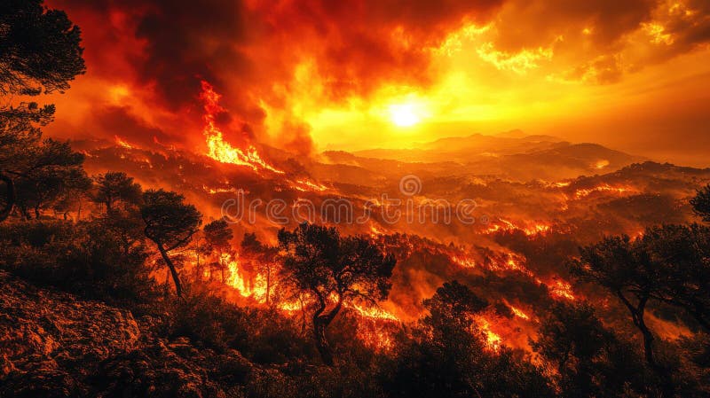 Fiery Sunset Wildfire Landscape, Intense Blaze Consuming Hills Stock ...
