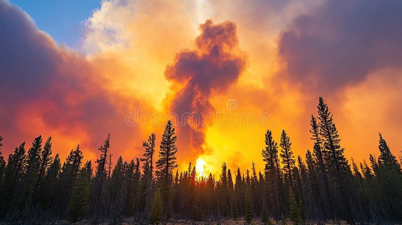 Fiery Sunset with Wildfire Smoke Plumes Rising Above a Pine Forest ...