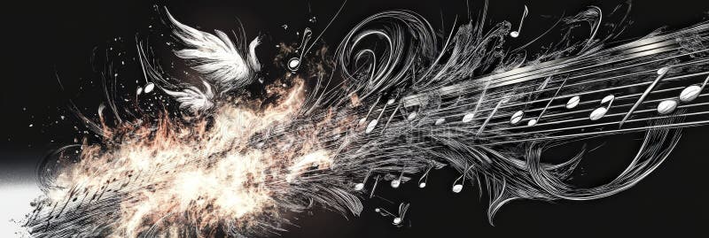 Fiery Swans and Musical Notes Blend in Surreal Harmony Stock ...