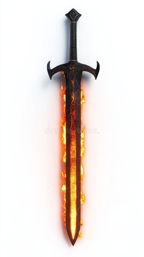 A Fiery Sword with a Dark Handle on a White Background Stock Photo ...