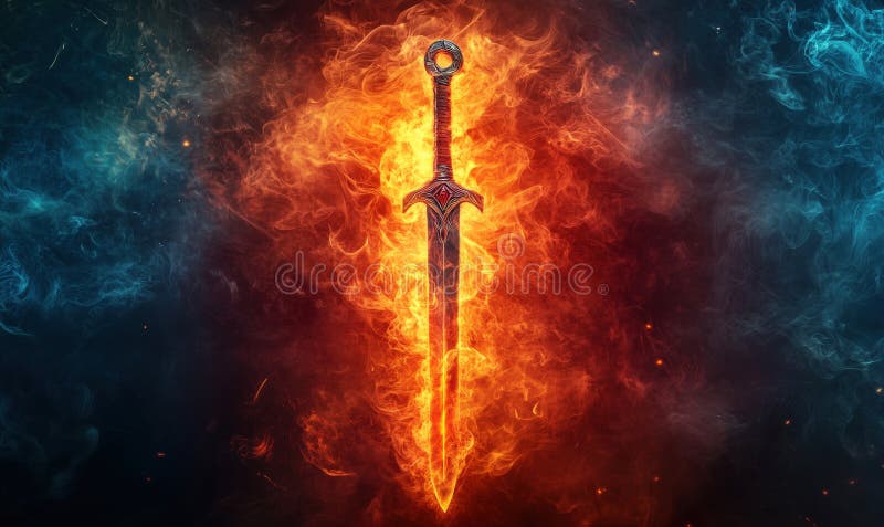 Fiery Sword Surrounded by Flames and Smoke in Dramatic Background Stock ...