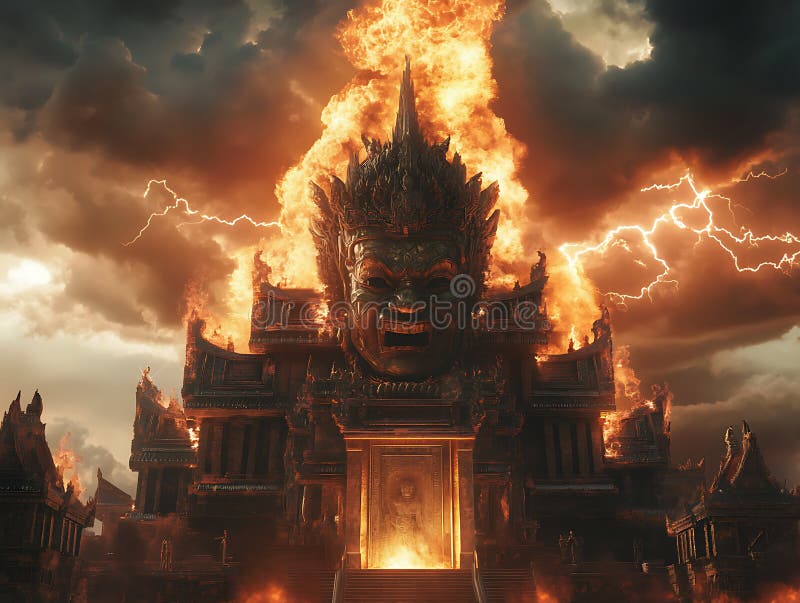 Fiery Temple with Dramatic Lightning Under a Stormy Sky Stock ...
