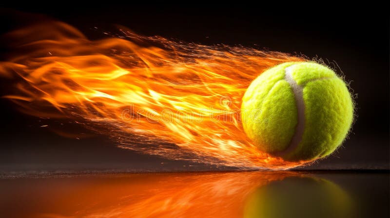 Fiery Tennis Ball Action Shot on Black Background with Dynamic Trailing ...