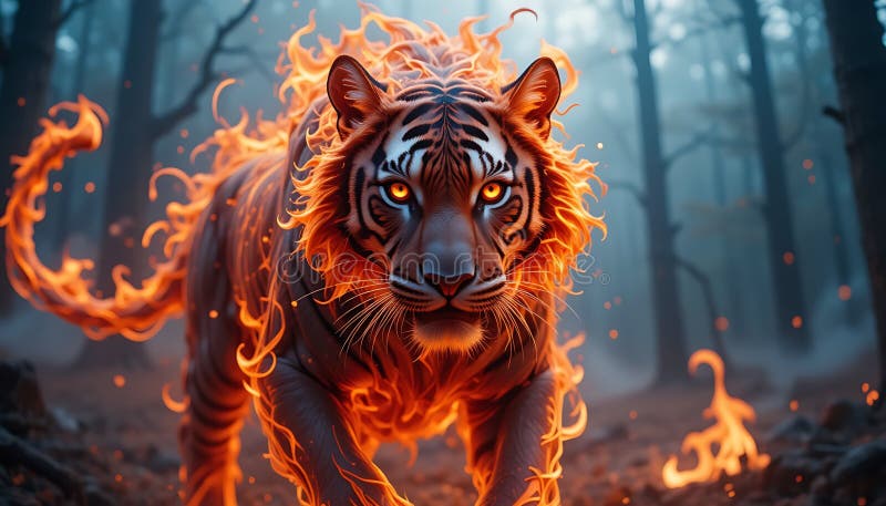 Fiery Tiger Emerging from Enchanted Forest Stock Illustration ...