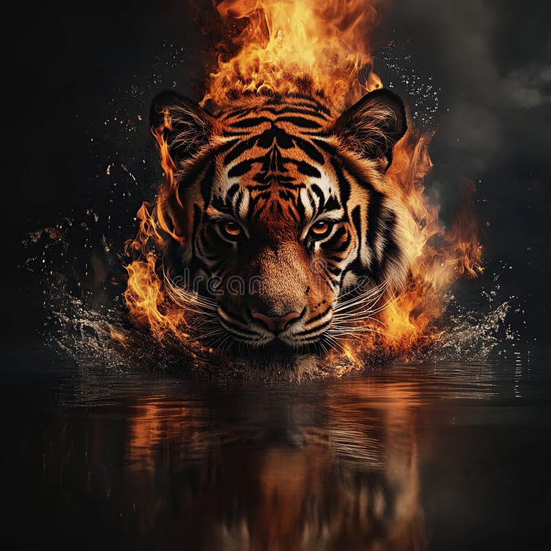 Fiery Tiger Emerging from Water Stock Photo - Image of majestic, night ...