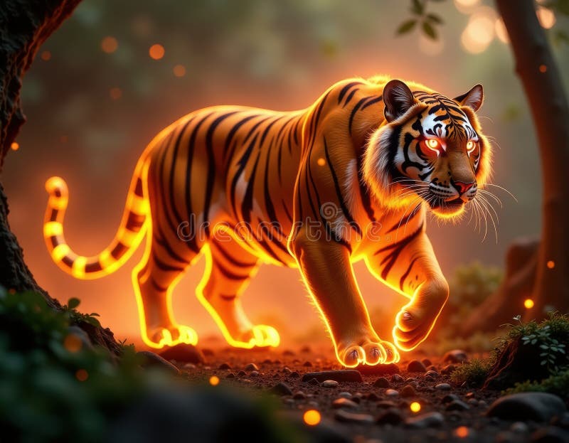 Fiery Tiger in the Forest stock illustration. Illustration of majestic ...