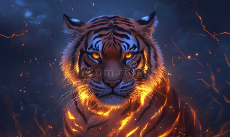 Fiery Tiger with Glowing Eyes, Intense Expression, Surrounded by Flames ...