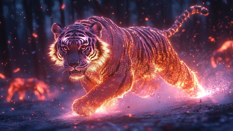 Fiery Tiger Running through a Dark Forest Stock Illustration ...