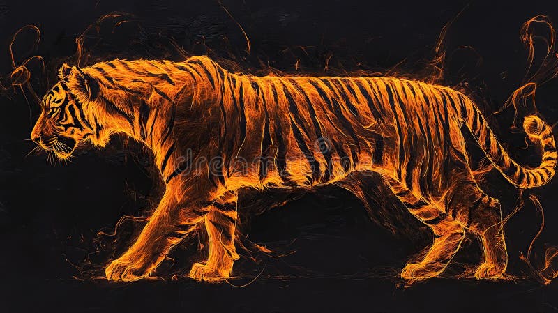 Fiery Tiger Walking, Dark Background, Artwork, Print Stock Photo ...