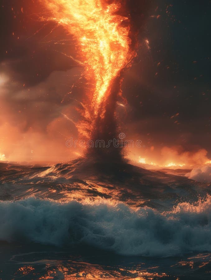 Fiery Tornado is Blowing through Ocean, Creating Sense of Chaos Stock ...