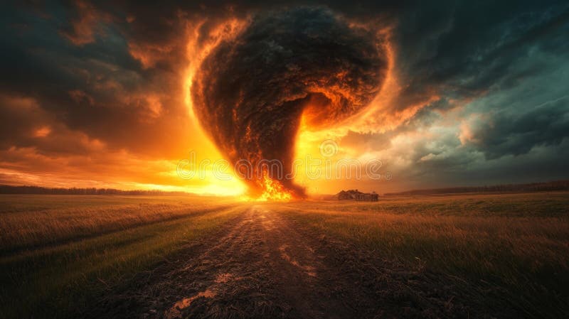 Dramatic Scene of a Tornado with Fiery Destruction in the Background ...