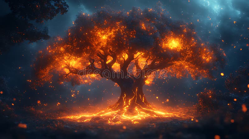 Fiery Tree Ablaze in Dark Forest at Night Stock Illustration ...