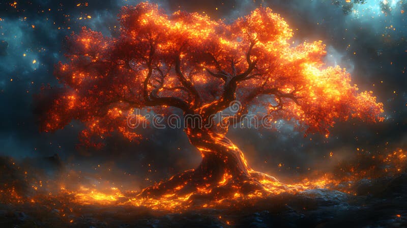 Fiery Tree Ablaze, Dark Sky, Fantasy Landscape, Game Art Stock ...