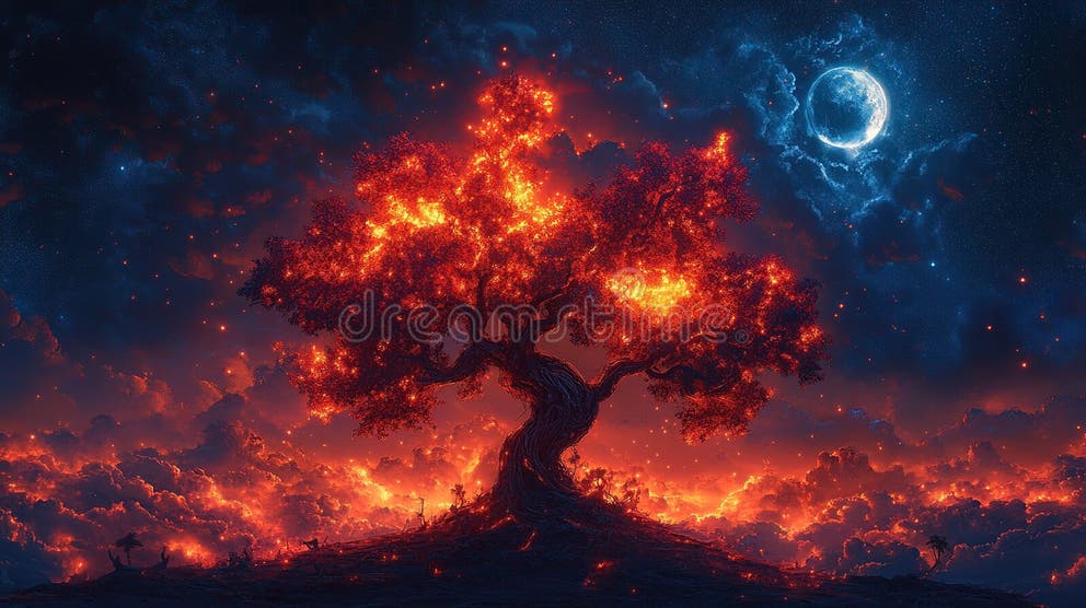 Fiery Tree Ablaze Under a Night Sky Stock Image - Image of digital ...