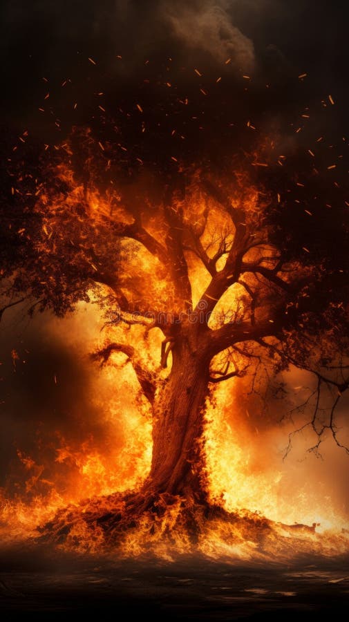 A Fiery Tree with Birds in Flight Stock Image - Image of wildfire ...