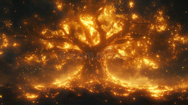 Fiery Tree Burning, Night Landscape, Embers Falling, Fantasy Setting ...