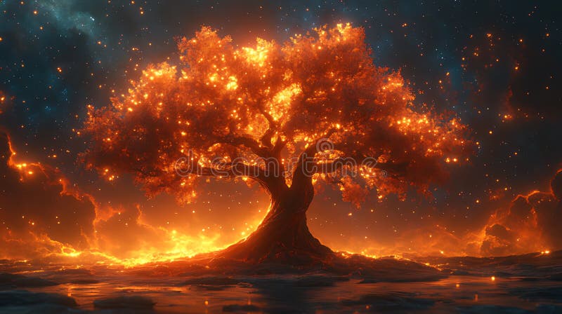 Fiery Tree Cosmic Landscape, Fantasy Art, Game Asset Stock Illustration ...