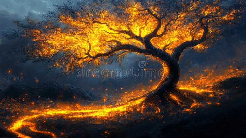 Fiery Tree in Dark Forest at Night Stock Illustration - Illustration of ...