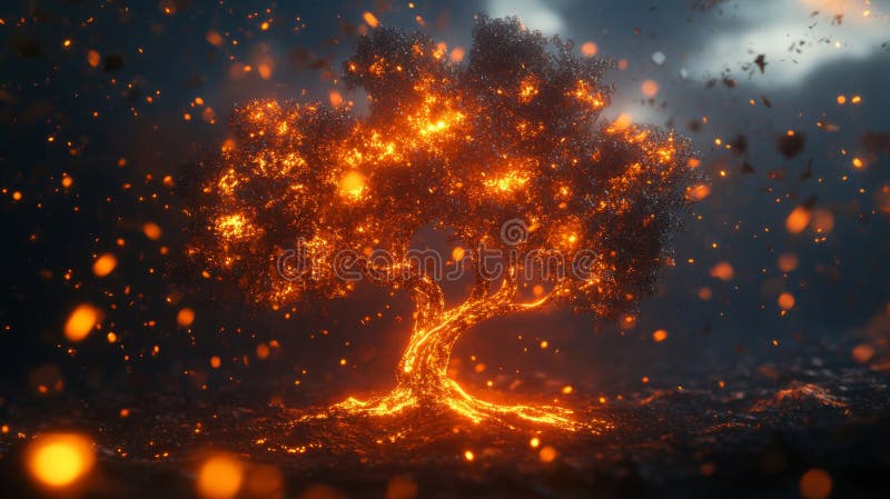 Fiery Tree in Dark Night, Glowing Embers and Sparks Stock Illustration ...