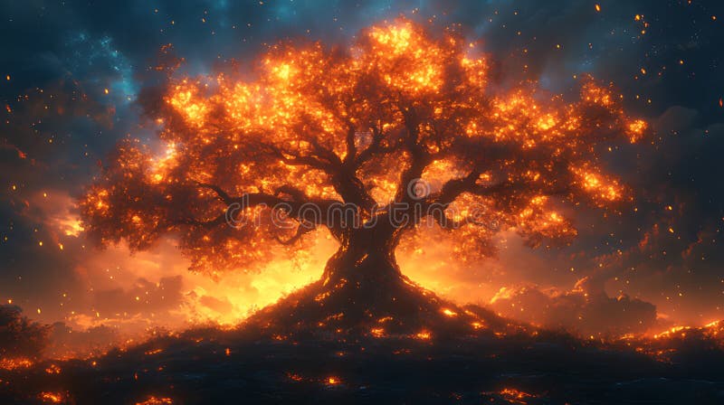 Fiery Tree Engulfed in Flames, Glowing Embers, Dark Sky Stock ...