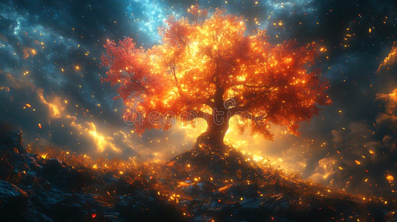 Fiery Tree Fantasy Landscape, Glowing Embers, Night Sky, Game Art Stock ...