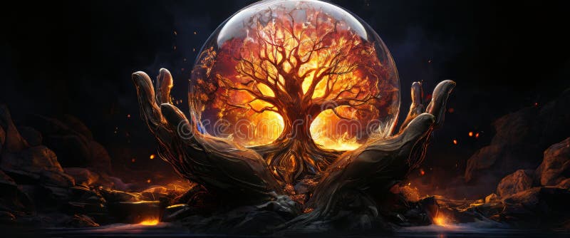 Fiery Tree in a Glass Orb Held by Hands, Symbolic of Nature and Magic ...