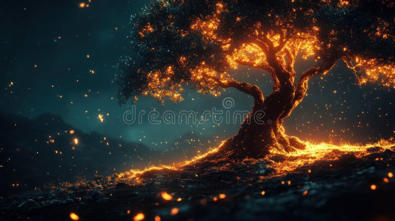 A Fiery Tree Glows in the Night with Sparks Flying from Its Branches ...