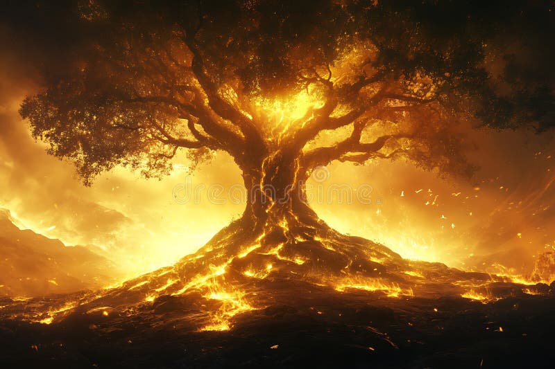 Fiery Tree, Lava Flow, Burning Landscape Stock Illustration ...