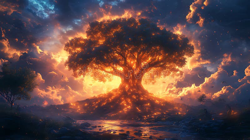 Fiery Tree of Life Glowing at Sunset, Magical Fantasy Landscape Stock ...
