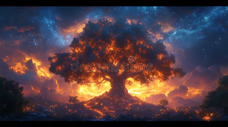 Fiery Tree of Life Glowing at Sunset, Magical Fantasy Landscape Stock ...