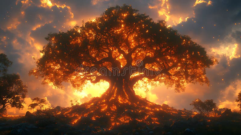 Fiery Tree of Life at Sunset, Glowing Roots, Dramatic Sky Stock ...