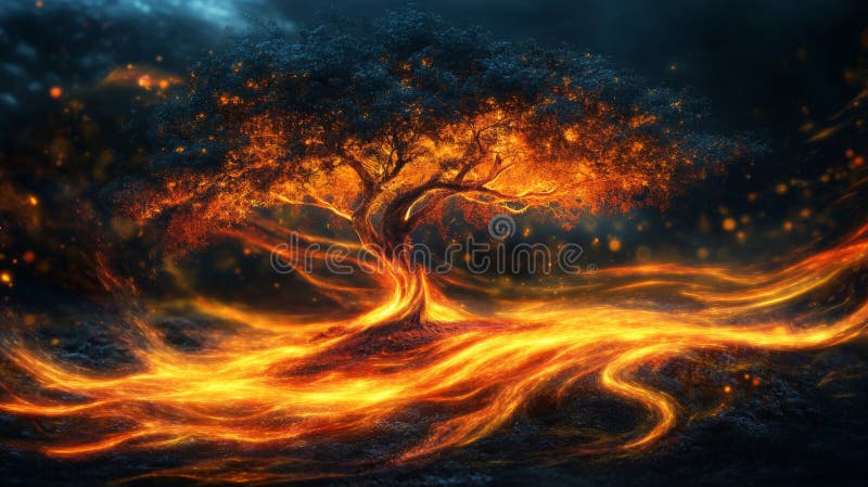 Fiery Tree of Light in a Dark Fantasy Setting Stock Illustration ...