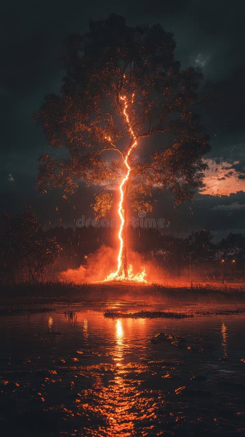 Fiery Tree Lightning Strike Stock Illustration - Illustration of ...