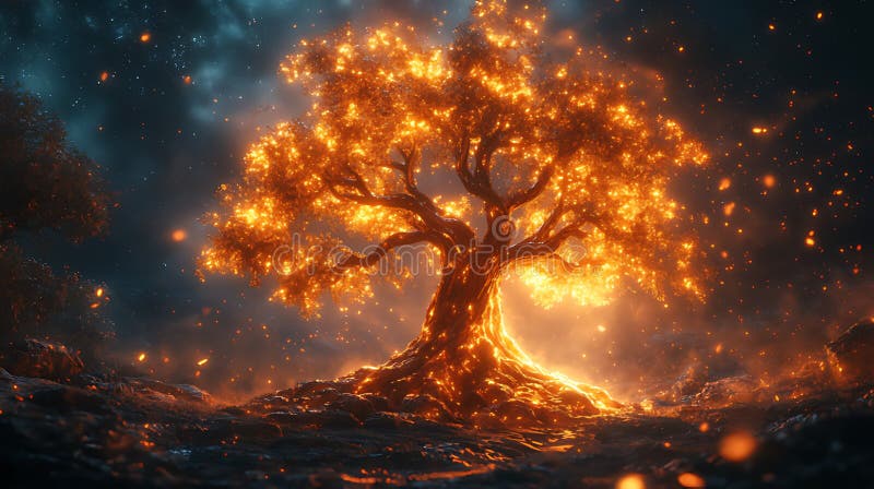 Fiery Tree, Night Forest, Sparks, Fantasy, Game Design Stock ...
