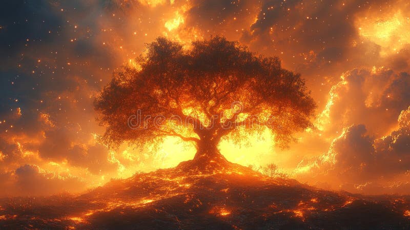 A Fiery Tree Stands Tall Amidst a Blazing Sky, Its Silhouette Outlined ...