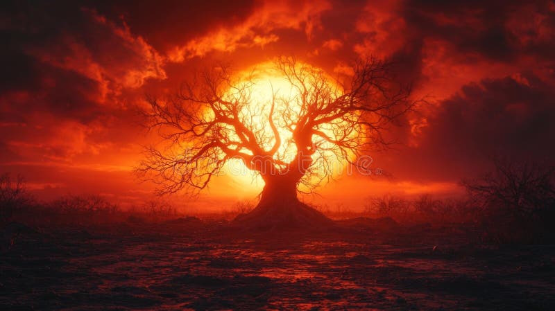Fiery Tree with Sun in the Background Stock Illustration - Illustration ...