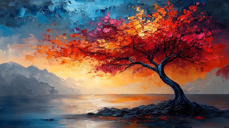 Fiery Tree Sunset Lake Mountainscape Digital Art Stock Illustration ...