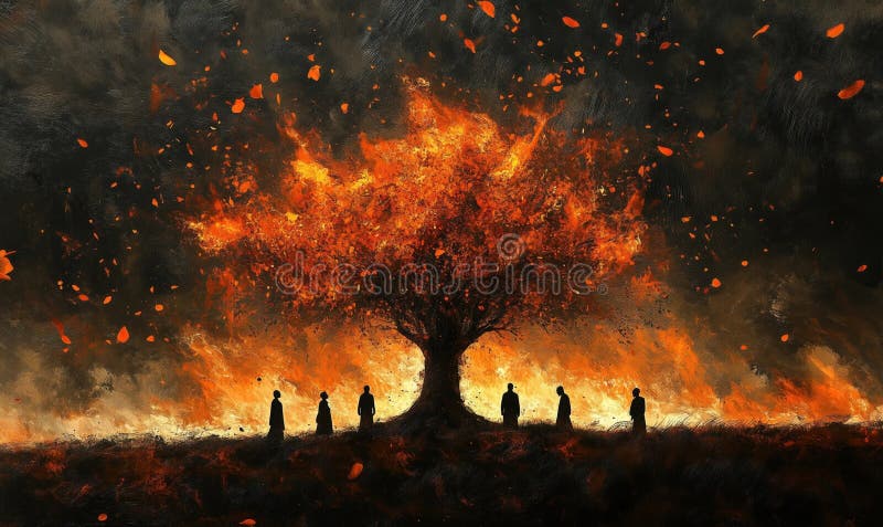Fiery Tree Surrounded by Silhouettes of People in Dramatic Landscape ...