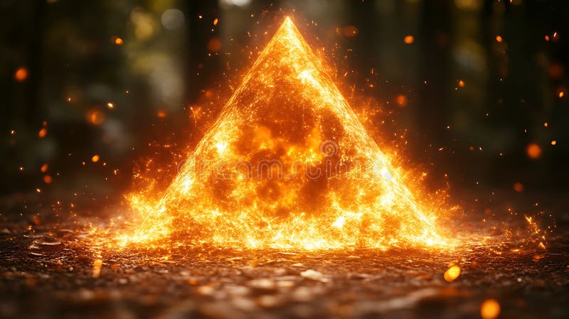 Fiery Triangular Formation Ablaze in a Dark Forest Setting Stock ...