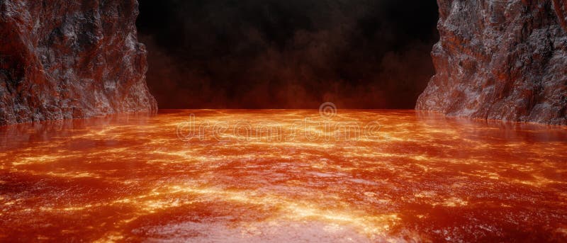 Fiery Underground River Flowing through a Dark Cave Stock Illustration ...