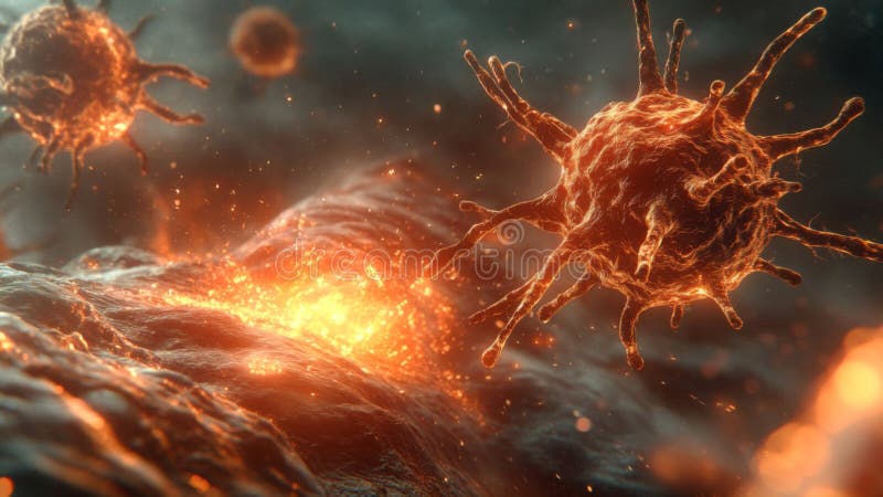 Fiery Viral Infection Cellular Destruction Imagery Stock Illustration ...
