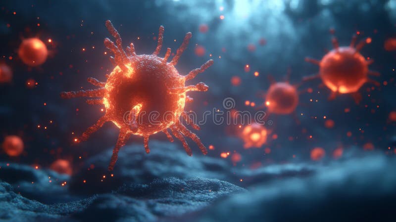 Fiery Virus Particles Floating in Dark Abyss Stock Illustration ...