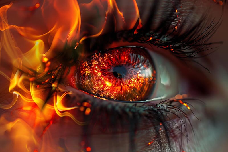 Fiery Vision, Closeup of Eye with Flame Effects Stock Illustration ...